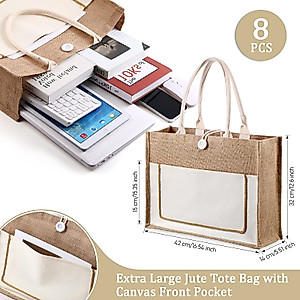 8 Pcs Burlap Tote Bags Bulk Jute Tote Bags with Handles Beach Bag Canvas Front Pocket Large Burlap Bags Set Reusable Grocery Bags Bridesmaid Tote Bags for Women Wedding Picnic Travel DIY Work