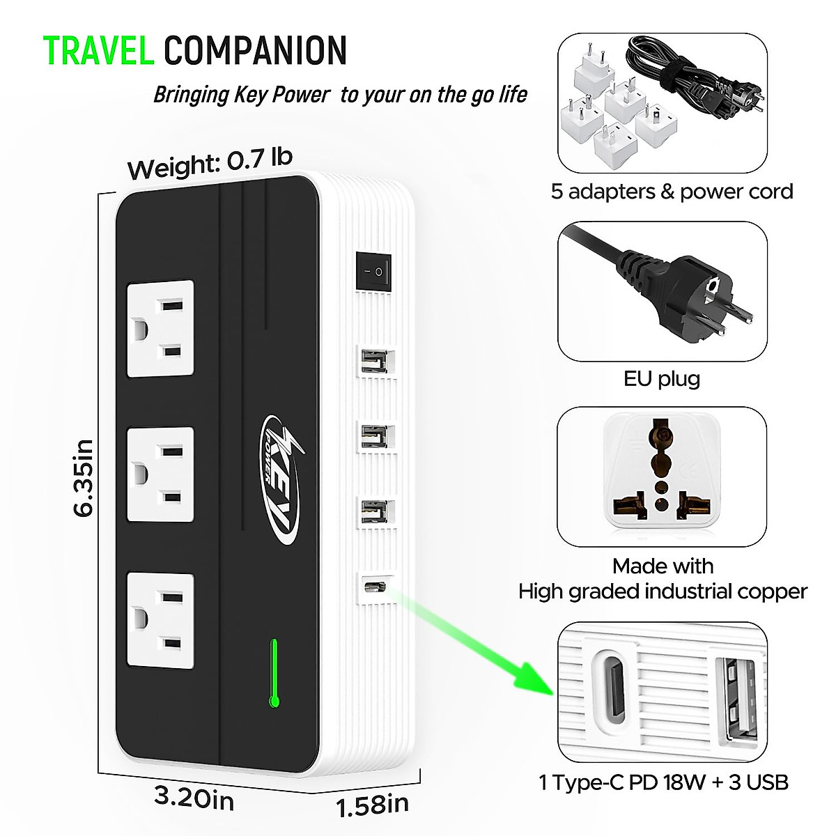 Key Power 230-Watt Step Down 220V to 110V Voltage Converter & International Travel Adapter/Power Converter with USB-C Port 18W - [Use for USA Appliance Overseas in Europe, AU, UK, Ireland, etc.]