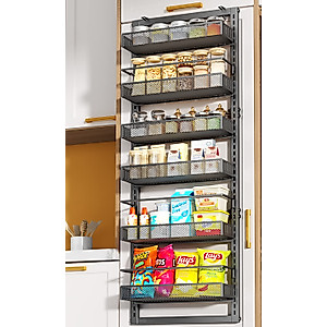Over the Door Pantry Organizer, 6-Tier Adjustable Spice Rack, Metal Door Shelf with Detachable Guardrail, Space Saving Hanging Baskets for Kitchen Pantry Bathroom Organization Storage, Black