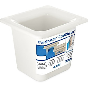 Carlisle FoodService Products CM1104C1402 Coldmaster CoolCheck 6" Deep Sixth-Size Insulated Cold Food Pan, 1.6 Quart, Color Changing, White and Blue