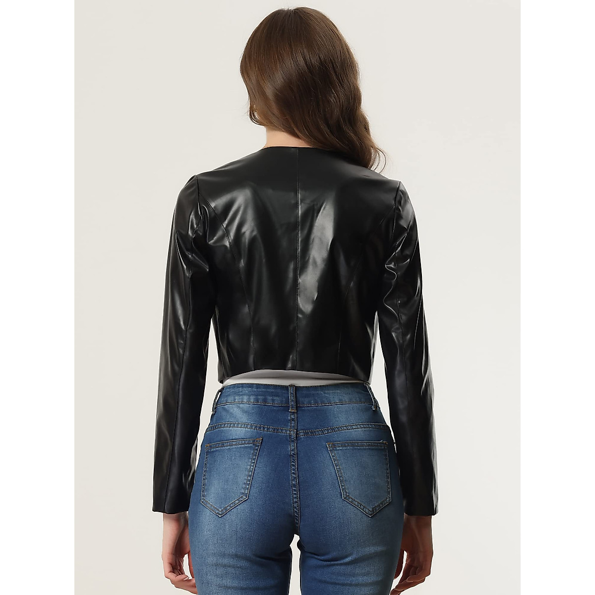 Allegra K Faux Leather Jacket for Women's Long Sleeve Short Coat Moto Biker Cropped PU Jackets X-Small Black