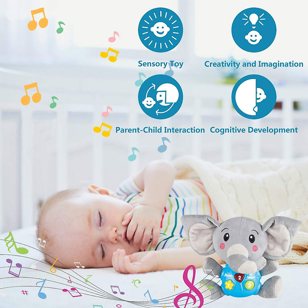 CGNiONE Plush Elephant Music Baby Toys, Newborn Baby Toys for Baby 0 3 6 9 12 Month, Cute Stuffed Aminal Light Up Baby Musical Toys for Infant Babies Boys & Girls Toddlers 0 to 36 Months