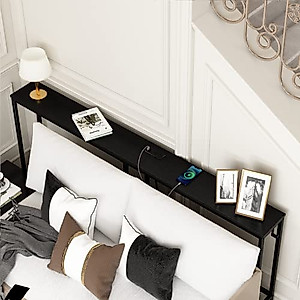 LEOMONIO 7.9" Narrow Sofa Table with Outlet, 70.9" Long Console Table Behind Couch, Skinny Table with Detachable Hooks and Charging Station for Entryway, Hallway, Living Room, Metal Frame & Black Wood