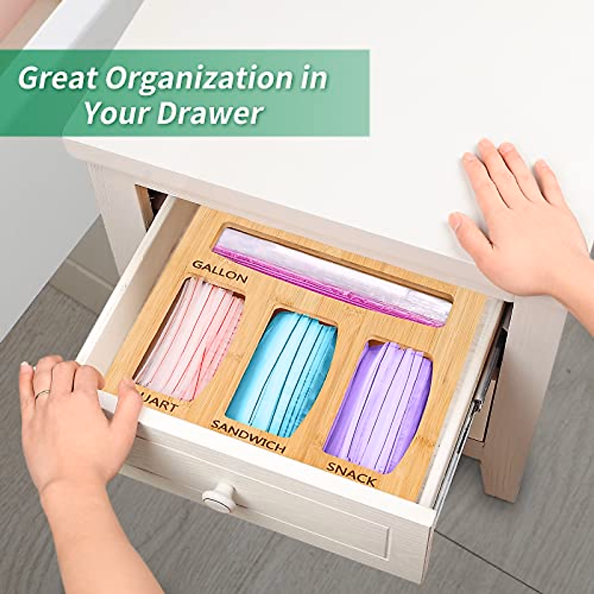 Ziplock Bag Organizer, Plastic Bag Storage, Food Storage Bag Bamboo Holder for Kitchen Drawer, Compatible with Ziplock Gallon, Quart, Sandwich & Snack Variety Size Bag