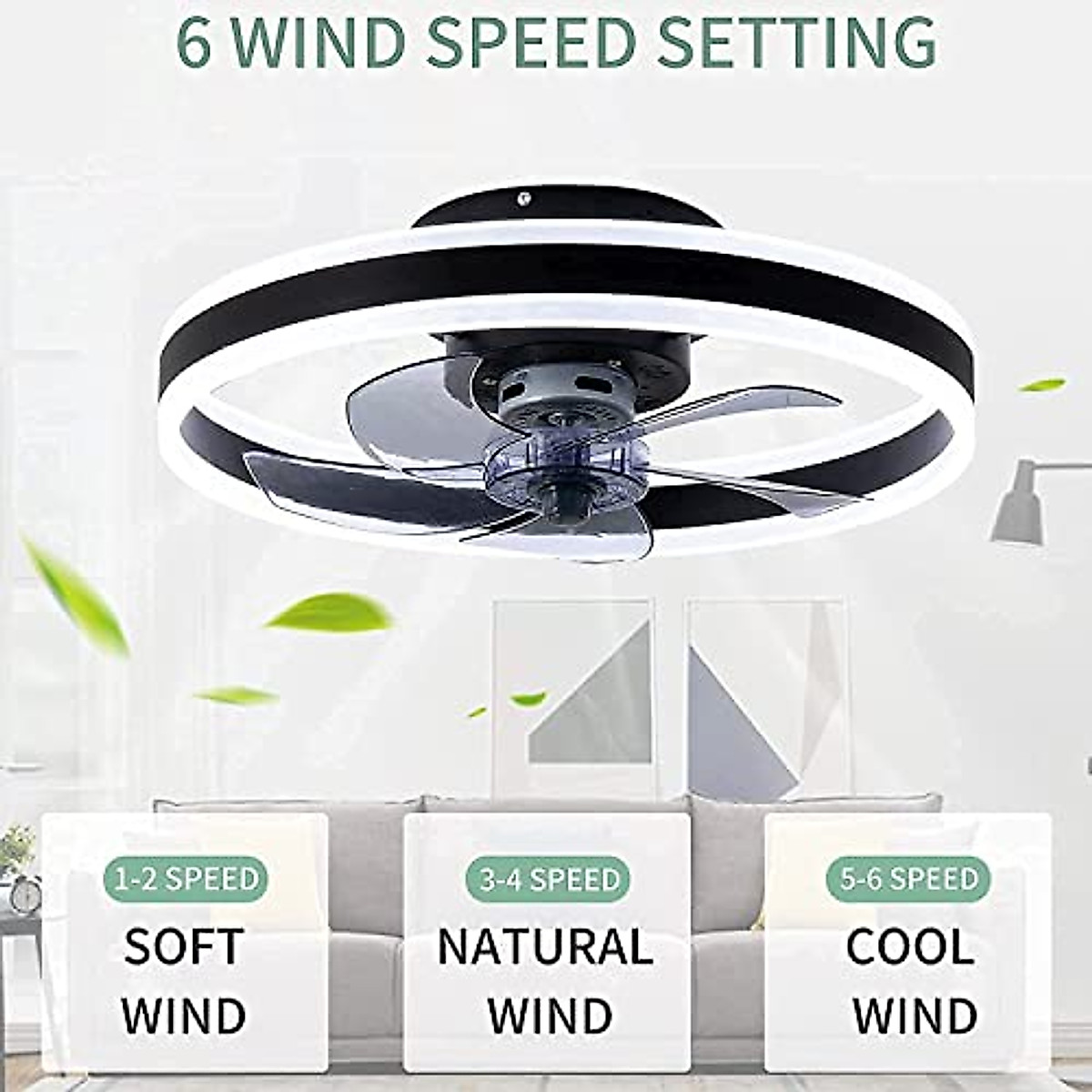 CHANFOK Low Profile Ceiling fan with Light - Modern Flush Mount Enclosed Ceiling Fan 19.7" LED Dimmable Bladeless Ceiling Fans with Remote Control,Smart 3 Light Color and 6 speeds(Black)