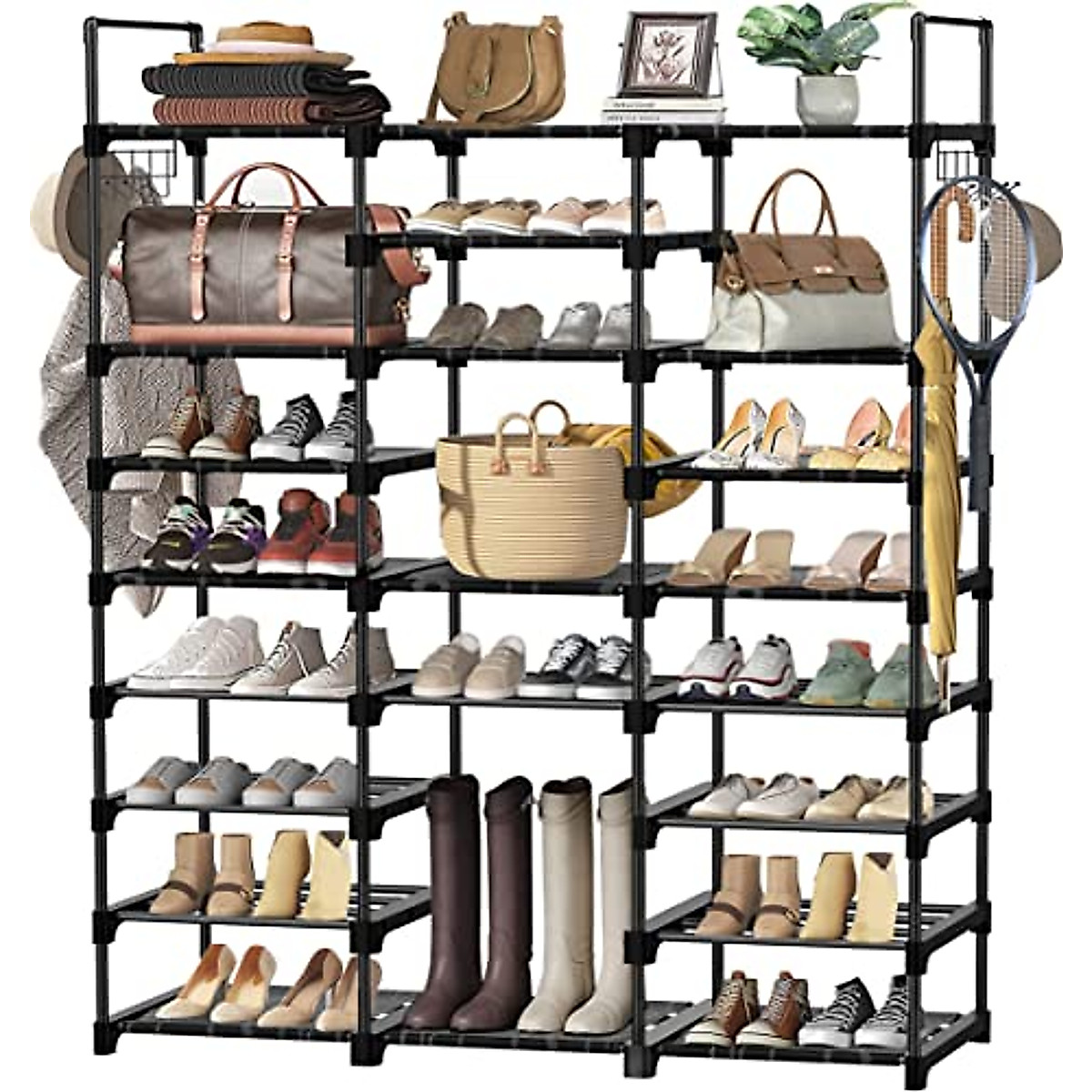 AILIXI 9 Tiers Shoe Rack Shoe Organizer, Metal Shoe Rack for Entryway, Large 50-55 Pairs Shoe Storage with Hooks, Multifunctional Shoe Organizer for Closet for Bedroom Cloakroom Hallway Garage