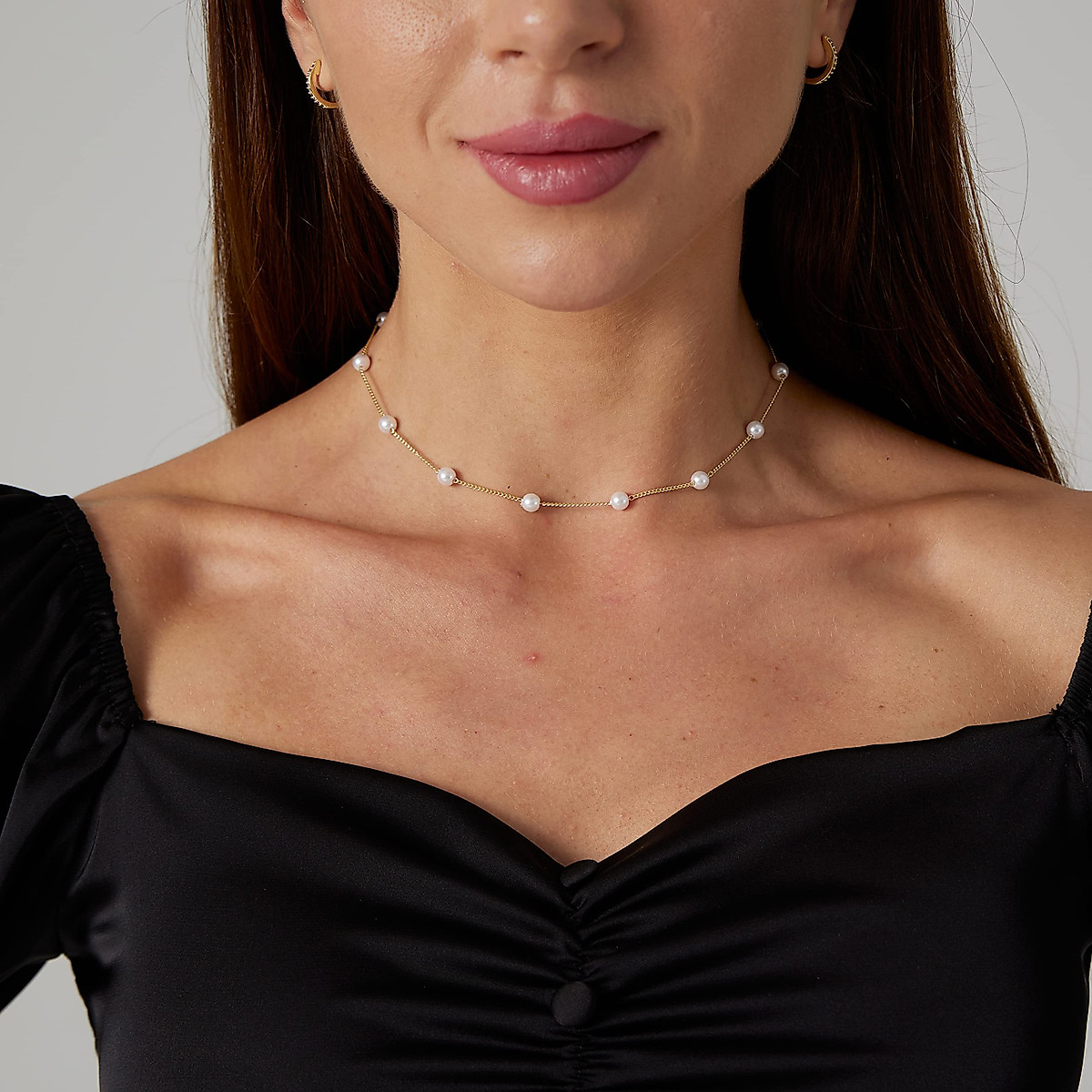 Tasiso 14K Gold Dainty Pearl Necklaces for Women Adjustable Dainty Barque Pearl Choker Necklaces Engagement Bridesmaid Jewelry Gifts 35cm