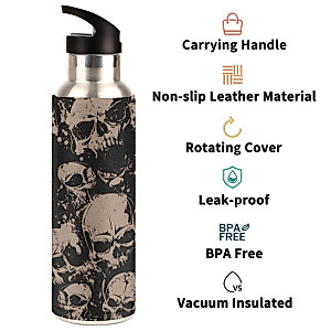 YoCosy Insulated Stainless Steel Water Bottle with Straw 20oz Retro Vintage Skull Skeleton Gothic Sports Water Bottles BPA Free Leakproof Metal Vacuum Flask Jug for Kids Gym Fitness