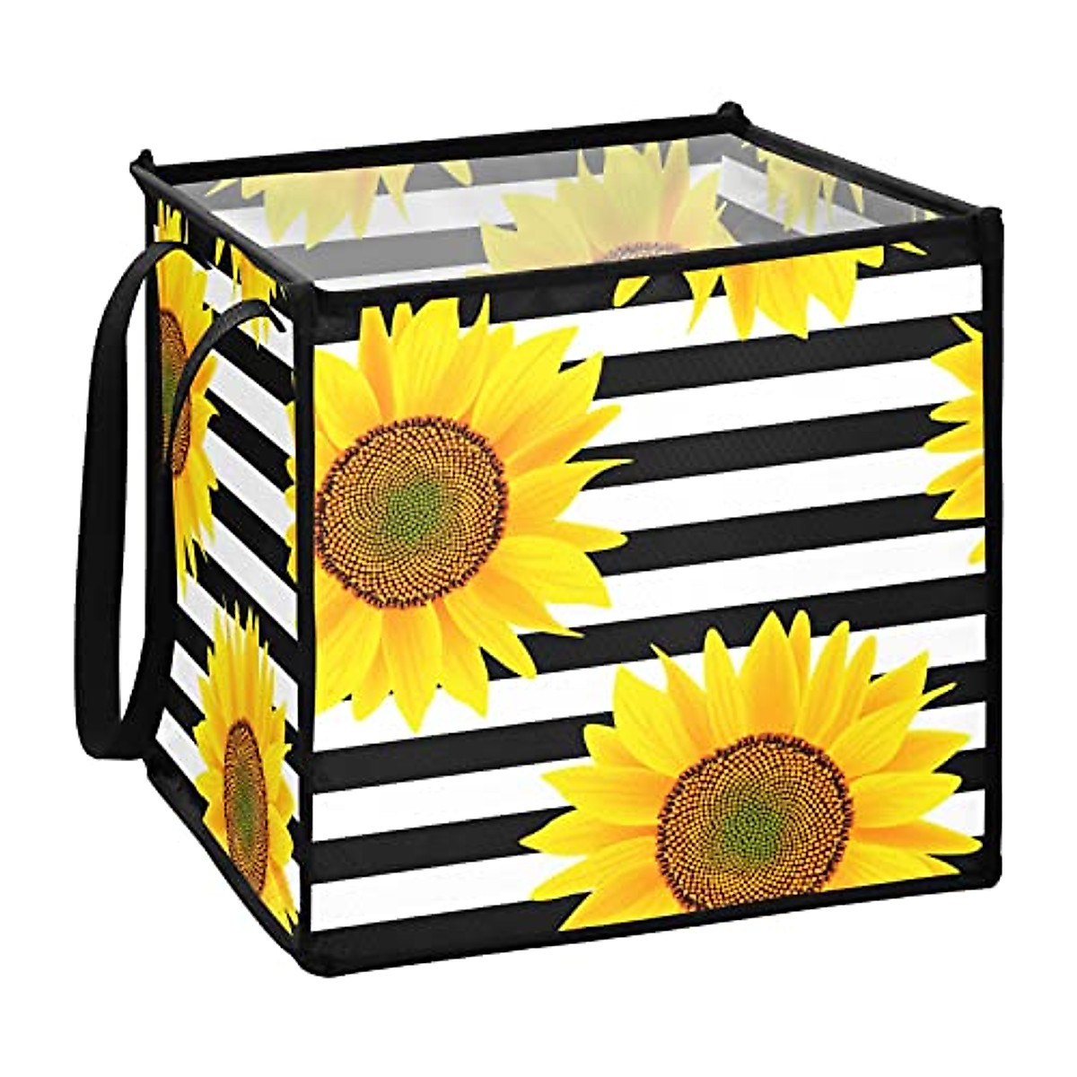 KEEPREAL Sunflower Black and White Stripes Cube Storage Bin with Handles, Large Collapsible Organizer Storage Basket for Home Decorative(1Pack,10.6 x 10.6 x 10.6 in)