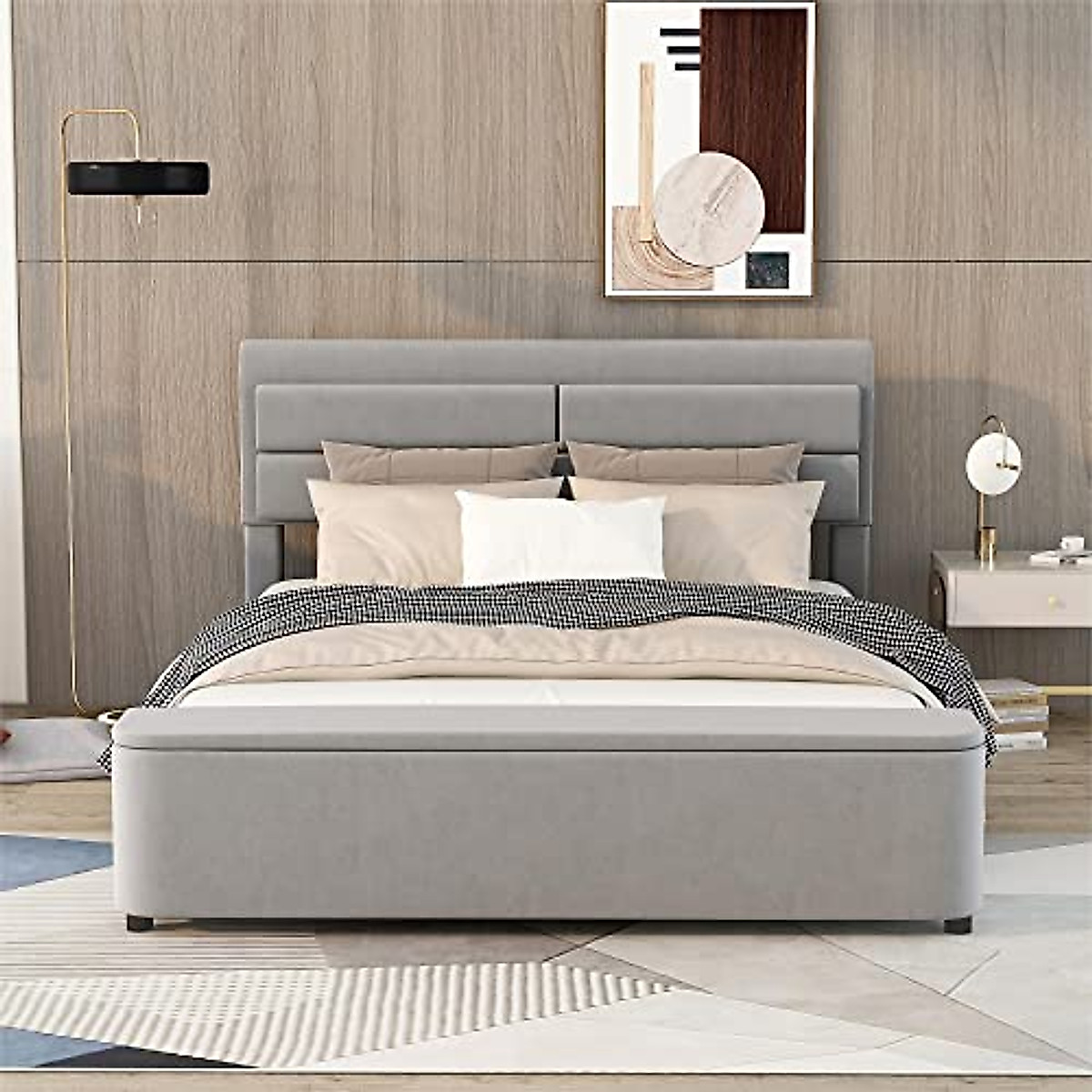 TARTOP Queen Size Upholstered Bed with Storage Headboard and Footboard, Velvet Queen Platform Bed Frame, Wood Support Legs, No Box Spring Needed,Gray