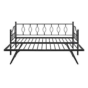 RORIGAT Twin Daybed with Trundle, Metal Day Bed with Adjustable Trundle, Twin to King Daybed with Portable Folding Trundle for Kids Teens Adults, Heavy Duty Steel Slat Support, Black