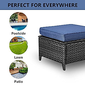 Outdoor Furniture Ottoman Set of 2 Patio Seating Footstool All-Weather Rattan Wicker Ottoman Seat with Soft Cushions for Patio Furniture Set