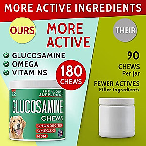 PAWFECTCHEW Glucosamine Dog Treats for Picky Eaters - Joint Supplement w/Chondroitin, MSM, Omega-3 - Joint Pain Relief - Advanced Formula - Chicken Flavor - 180 Ct - Made in USA