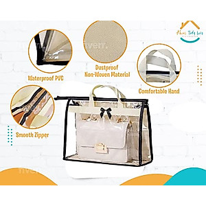 About tidy love Dust Bags For Handbags, Clear Purse Storage Organizer for Closet - Dust Free, Waterproof & Protective Purse Dust Bag with Zipper & Handles - 3x Transparent Purse Holder + 3 Hooks (1)