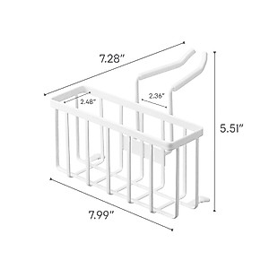 YAMAZAKI Home Faucet-Hanging Sponge Caddy Kitchen Sink Dish Soap Bottle Brush Scrubber Organizer Holder, Metal with Silicone Protection | Steel, One Size, White