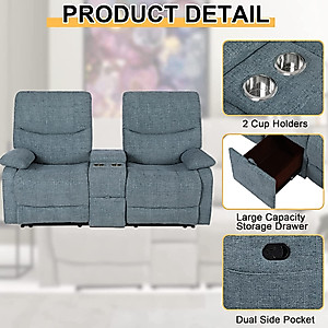 VUYUYU Reclining Sofa, Double Reclining Loveseat with Console, 2 Seater Sofa Home Theater Seating, Fabric Recliner Sofa Couches with Storage and Cup Holders (Blue)
