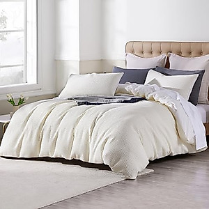 Grassix Waffle Weave Duvet Cover Queen Size 100% Cotton Duvet Cover Set with Zipper Closure Soft Breathable Textured Bedding Set for All Seasons, Comforter Cover Cream White 90"x90"