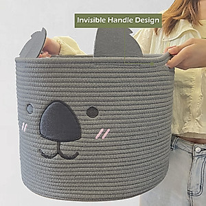 OMERAI Animal Baskets Cotton Rope Storage Basket Woven Toy Basket Large Basket for Blankets Cute Koala Basket with Handles Foldable Animal Laundry Basket Nursery Basket Organizer, 15"D x 12.6"H (Grey)