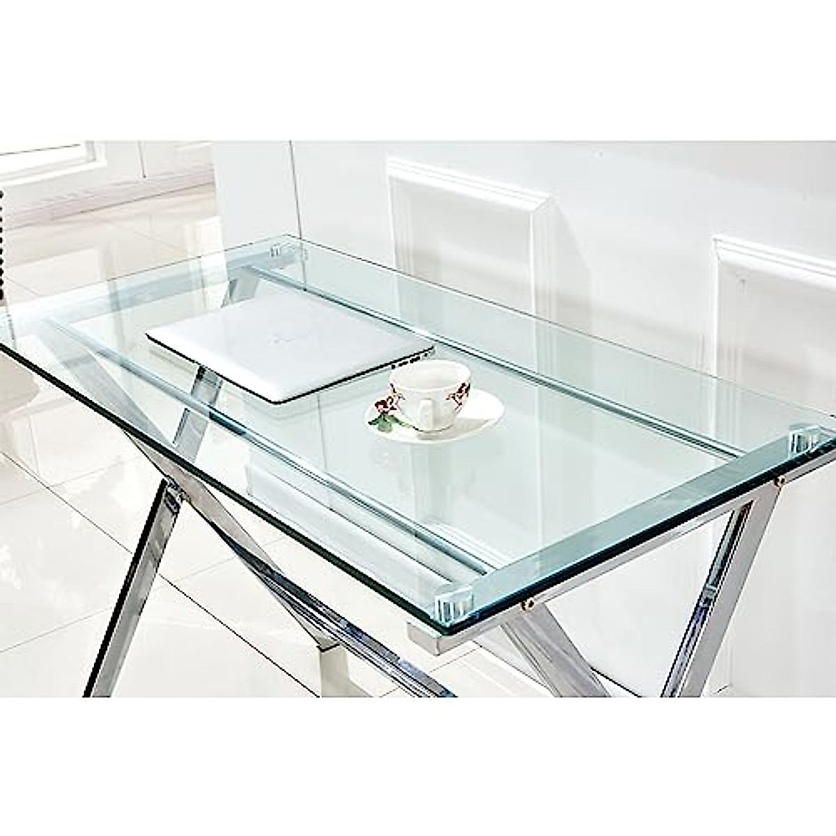 SMARTIK Modern Glass Computer Desk, Clear Study Table - Gaming Desks, Study Desk, and Workstation Table for Small Spaces - Stainless Steel Frame 43.5" x 21.7" x 29.9"