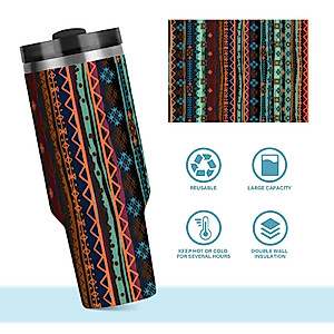 Yasala Car Tumbler with Handle Ethnic Boho Tribal Classic Travel Mug Coffee Cup Insulated Beverage Container Mega Cup for Hot Cold Drinking Thermos Water Bottle Cupholder Friendly 40 oz