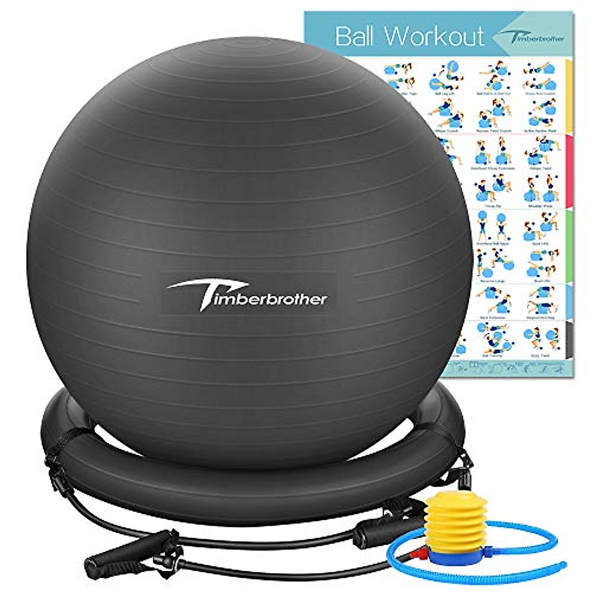 Timberbrother Exercise Ball Chair with Resistance Bands Workout Poster 16.5”x 22.4”,Stability Ball Base for Gym and Home Exercise(Black with Ring & Bands)