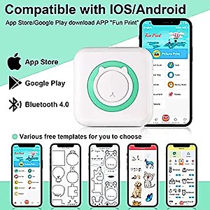 TVAIGER Mini Printer Portable, Wireless Bluetooth Thermal Sticker Printers with 6 Rolls Printing Paper, Compatible with Android iOS for Label Receipt Photo Notes and Memos (Green)