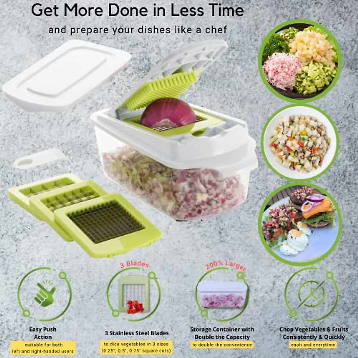 Brieftons QuickPush Food Chopper: Strongest & 200% More Container Capacity, 30% Heavier Duty, Fruit & Vegetable Chopper, Onion Chopper Vegetable Cutter, with 3 Dicer Blades & Keep-Fresh Lid, 5 Ebooks
