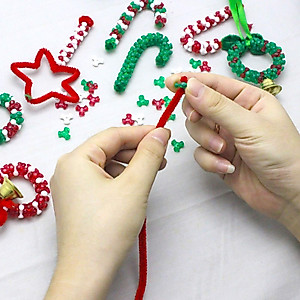Hifunwu 1570 PCS Christmas Beaded Ornament Kit Christmas Tri-Shaped Beads Plastic Tri Beads with Pipe Cleaners Xmas Party Craft Wreath Candy Cane for Christmas Tree Hanging