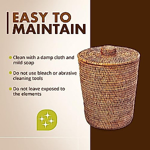 KOUBOO La Jolla Rattan Round Waste Basket With Lid & Plastic Insert, 2 Gallon Woven Wastebasket for Bathroom, Kitchen, Office, Living Room, & Home Decor, Honey Brown