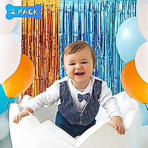 LOLStar Blue Dog Foil Fringe Curtains, Blue Dog Birthday Party Supplies, 2 Packs of 3.3x6.6 ft Orange Blue and Light Blue Tinsel Photo Booth Prop, Streamer Backdrop for Blue Dog Theme Party Decoration
