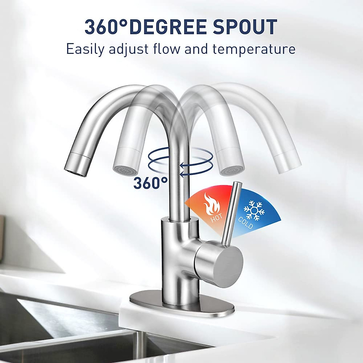 PHICHI Bar Faucet Chrome, 1 Or 3 Hole Single Handle Stainless Steel Gooseneck Sink Faucets for Bathroom Bath Outdoor with Hot & Cold Water Supply Lines