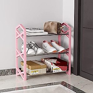 SHELAKET Upgrade 3-Tier Small Shoe Rack, Metal Lightweight 5-7 Pairs Shoe Shelf Storage Organizer for Entryway, Hallway and Closet（Pink）