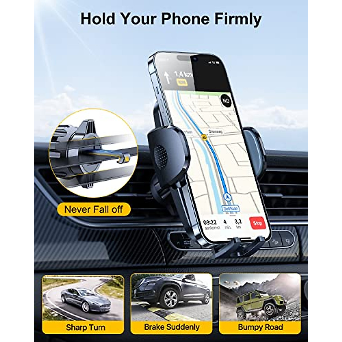 Rorhxia 2023 Upgraded Car Phone Holder Mount [Groundbreaking Protection & Rotatable Base] 3 in 1 Dashboard Vent Windshield Cell Phone Holder Car Fit for iPhone 14 13 12 Pro Max Samsung S23 All Phones