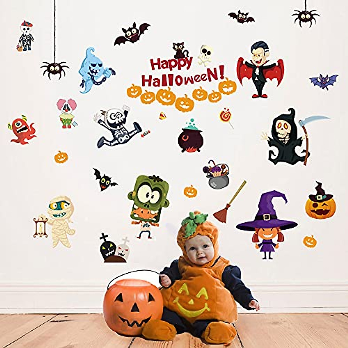 Happy Halloween Stickers Kids Bedroom Decor Indoor Outdoor Removable Wall Decals Window Art Decoration Vinyl Witch Bat Spider Vampire for Boys Girls Room