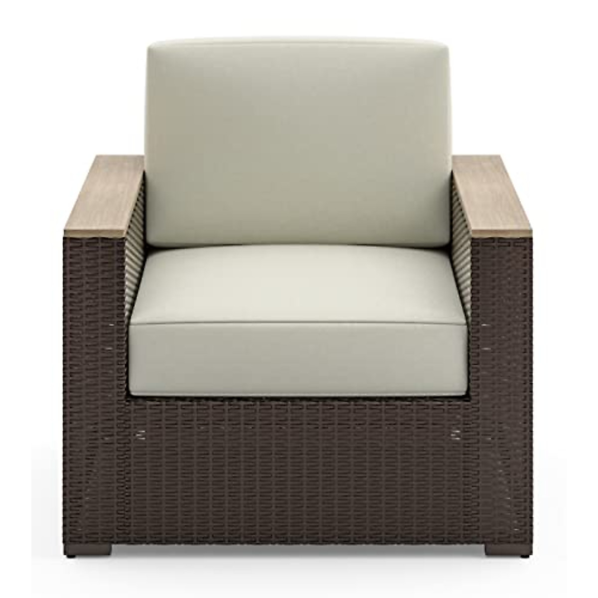 Homestyles 6800-10 Palm Springs Outdoor Arm Chair with Cushion, Weatherproof Woven Wicker Rattan with Acacia Wood Accents, 1 Person, Beige