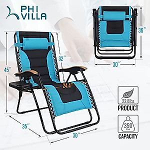 PHI VILLA XL Oversize Zero Gravity Chair Padded Recliner Oversize Lounge Chair with Free Cup Holder,Support 350 LBS (Aqua)