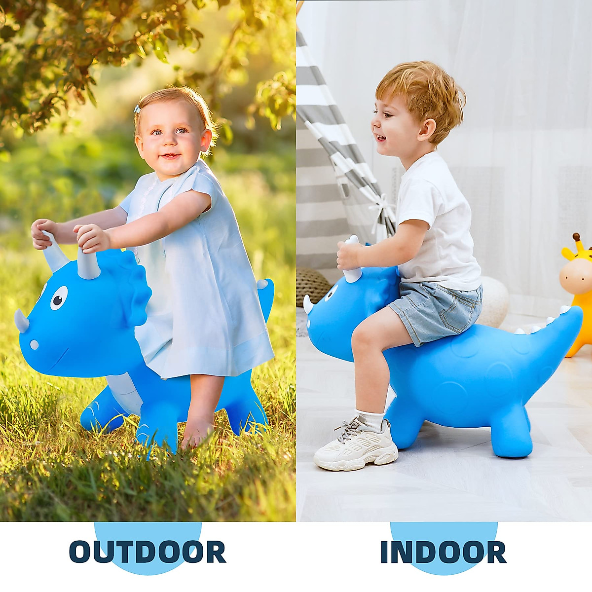 EVERICH TOY Kids Dinosaur Bouncy Animal Toys, Inflatable Triceratops Bouncer, Ride on Bounce Hopper, Indoor Outdoor Activity Birthday Gift for 18 Months 2 3 4 Years Old Boys