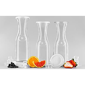 Kook Glass Carafe Pitchers, Beverage Dispensers, Clear Jugs For Mimosa Bar, Water, Wine, Milk and Juice, with Plastic Lids, Dishwasher Safe, 35 oz, Set of 3