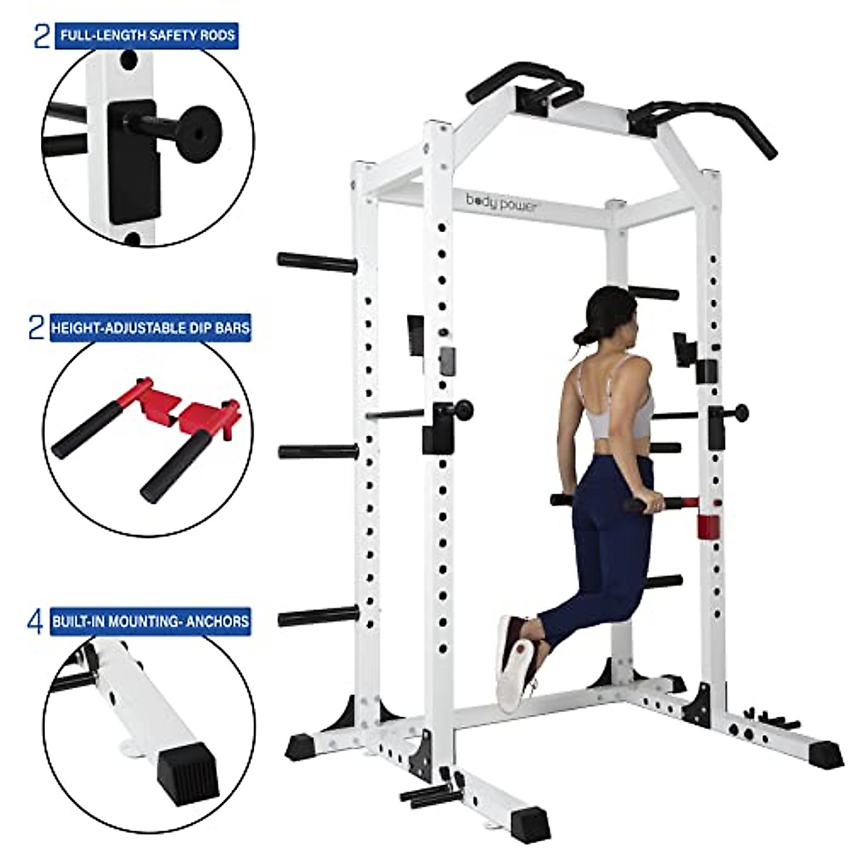 body power], 1st Gen Sturdy Deluxe Rack Cage with Accessories, Power Rack, Power Tower, Pull-Up Bar, Squat Rack, Attachments, Safety Bars, Built-in Floor-Mount Anchors, White, SMU6200