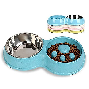 FUUIE Bowls for Food and Water Eco Friendly Slow Feeder Double Dog Bowl for Dogs Cats Stainless Steel Anti Slip Pet Food Doggy Bowl Drinking (Color : Blue)