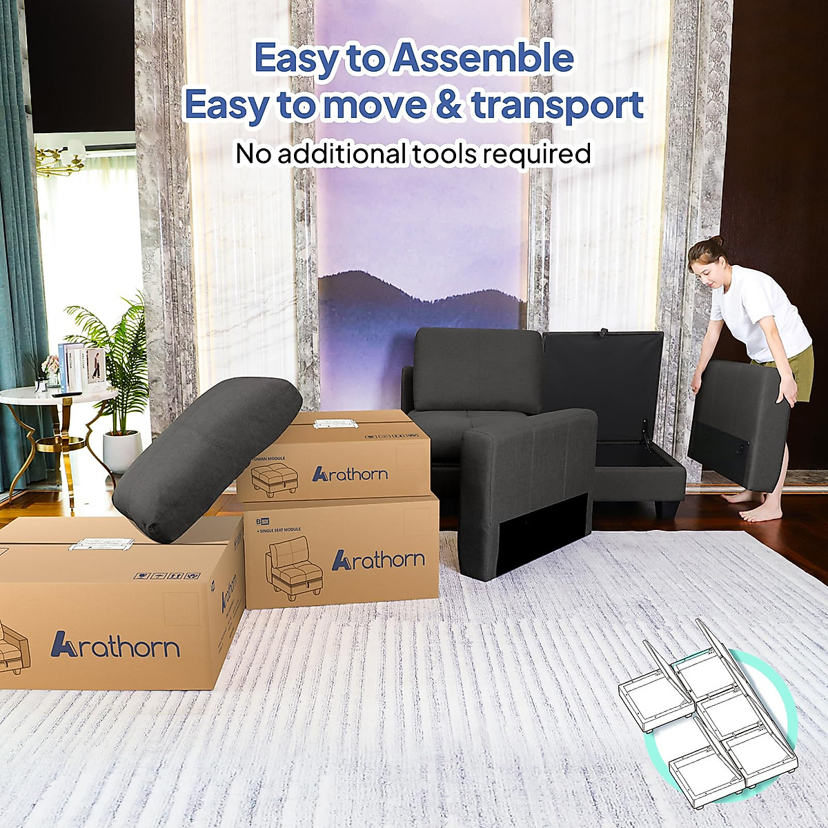 Arathorn Modular Sectional Sofa with Ottoman Oversized U Shaped Sofa Couch with Reversible Chaise, Convertible Sofa Bed Sleeper Modular Sofa Sectional Couch for Living Room, Dark Grey