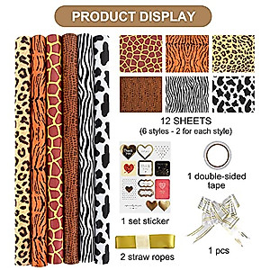 BEISHIDA 6 Styles Wrapping Paper Set-Straw ropes&Stickers&Double-Sided Tape& Bow-Gift Wrap Paper for Christmas, Birthdays, Party, DIY Decorations 6 Sheets Folded 20x28 Inches