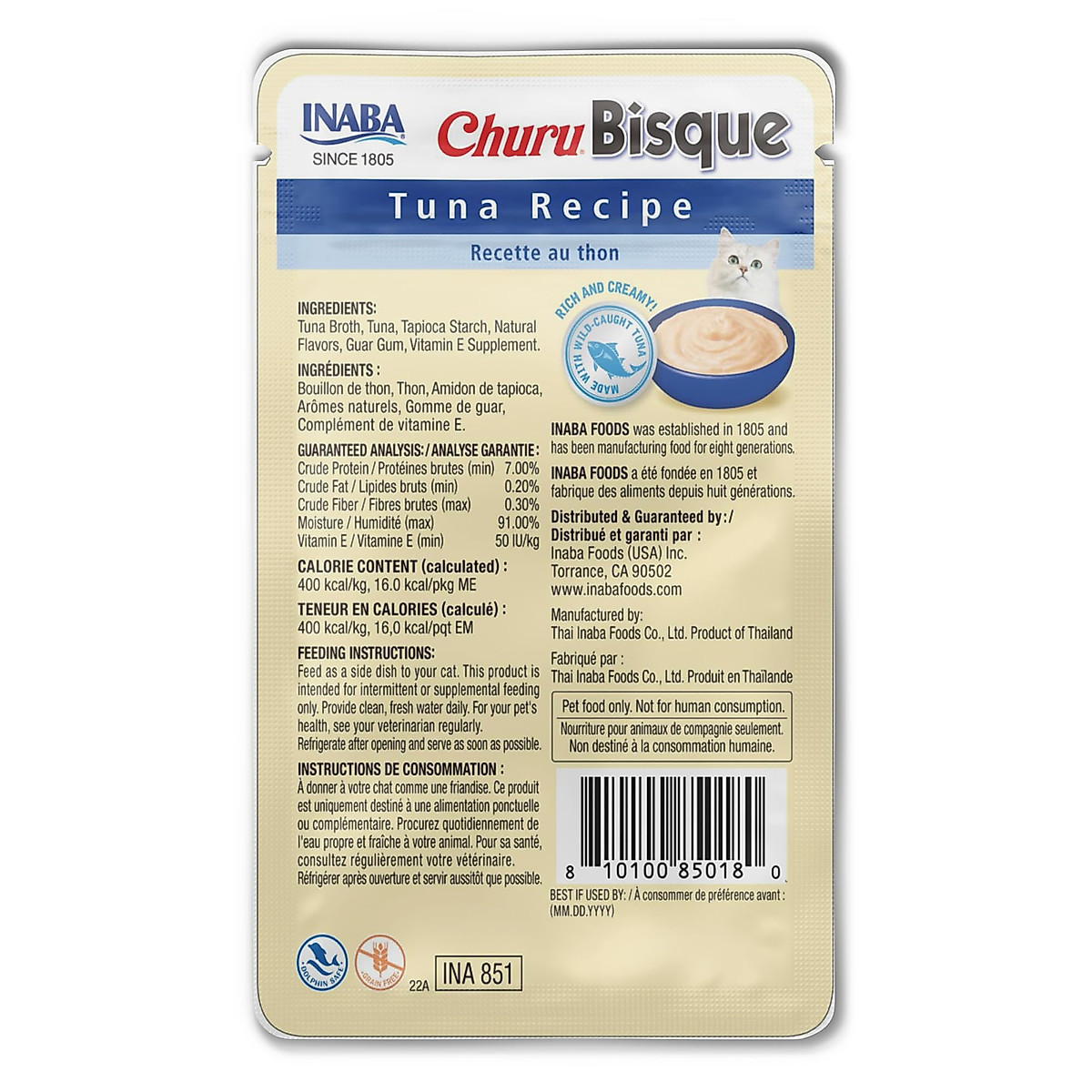 INABA Churu Bisque for Cats, Creamy Lickable Purée Side Dish with Vitamin E, 1.4 Ounces per Pouch, 12 Pouches, Tuna Recipe