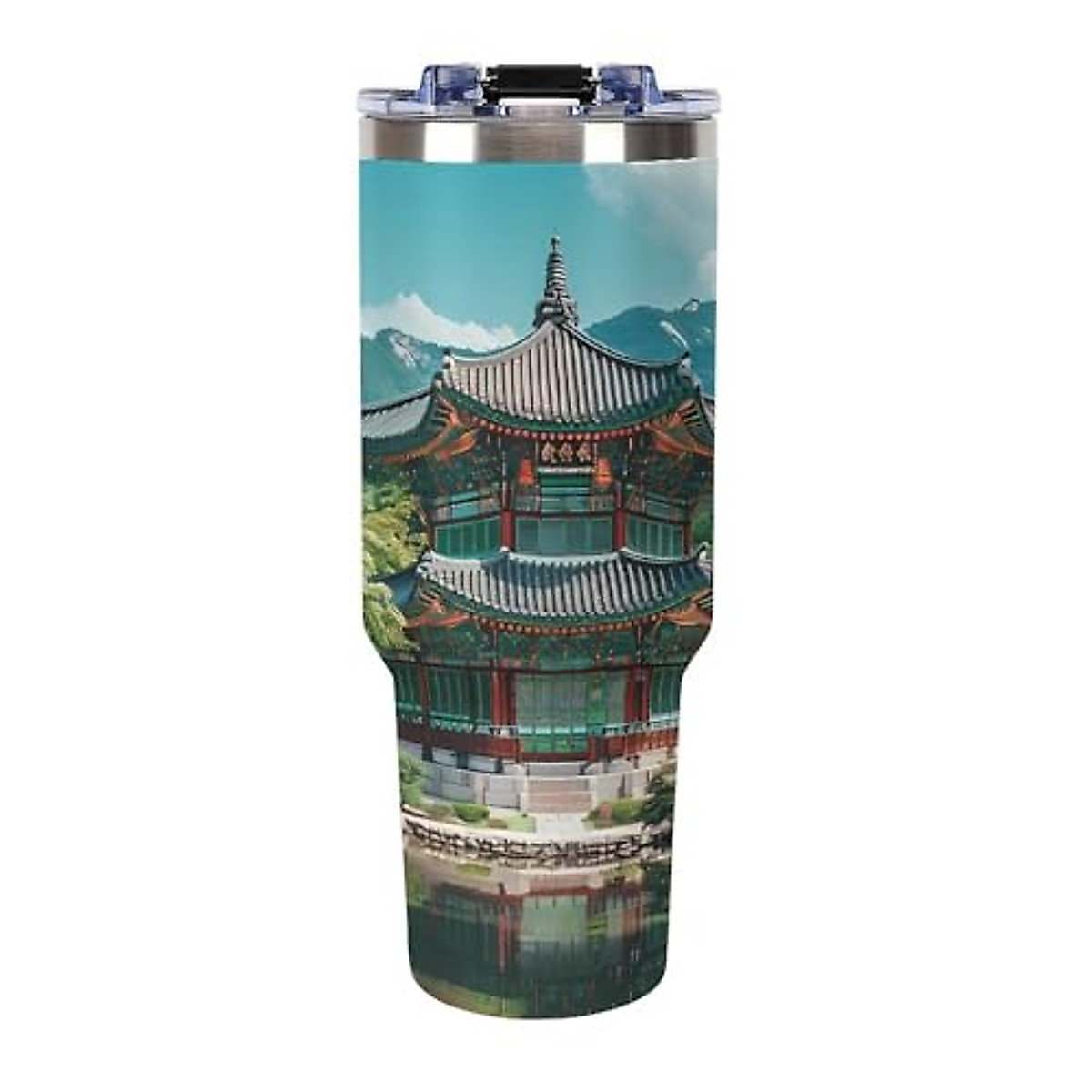 Korean Architecture Palace of Koreas Insulated Tumbler with Handle Stainless Steel Travel Coffee Mug with Lid And Straw 40oz