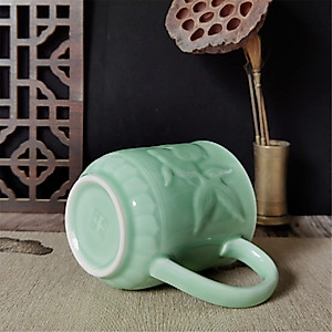 Handmade Celadon Coffee Mug Tea cup with Lid 13oz Porcelain Milk Cup Embossed with Goldfish Ceramic Microwave and Dishwasher Safe (Green)