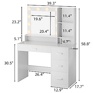 JUMMICO 39.3'' Vanity Desk with LED Lighted Mirror &Power Outlet, Makeup Vanity Table with 4 Large Drawers and 3 Storage Shelves, 3 Model Adjustable Lights for Bedroom & Dressing Room (White)