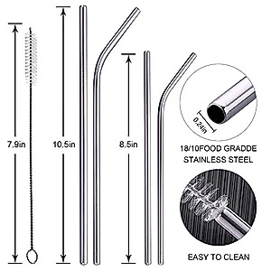 12-Pack Reusable 18/10 Stainless Steel Metal Straws with Silicone Tips & Cleaning Brush, Suotarn Long Drinking Straws for 20 24 30 oz Coffee Tumbler Travel Mug Cup, Dishwasher Safe, Silver