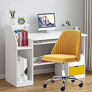 HOMEFLA Home Office Chair, Modern Linen Fabric Chair Adjustable Swivel Task Chair Mid-Back Cute Upholstered Armless Computer Desk Chair with Wheels for Bedroom Studying Room Vanity Room (Yellow)