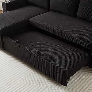 FANYE L-Shaped 3 Seater Reversible Sleeper Sectional Convertible Sofabed Comfortable Corduroy Upholstered Corner Sofa with Pull Out Sleep Couch Bed and Cupholders for Compact Space Living Room