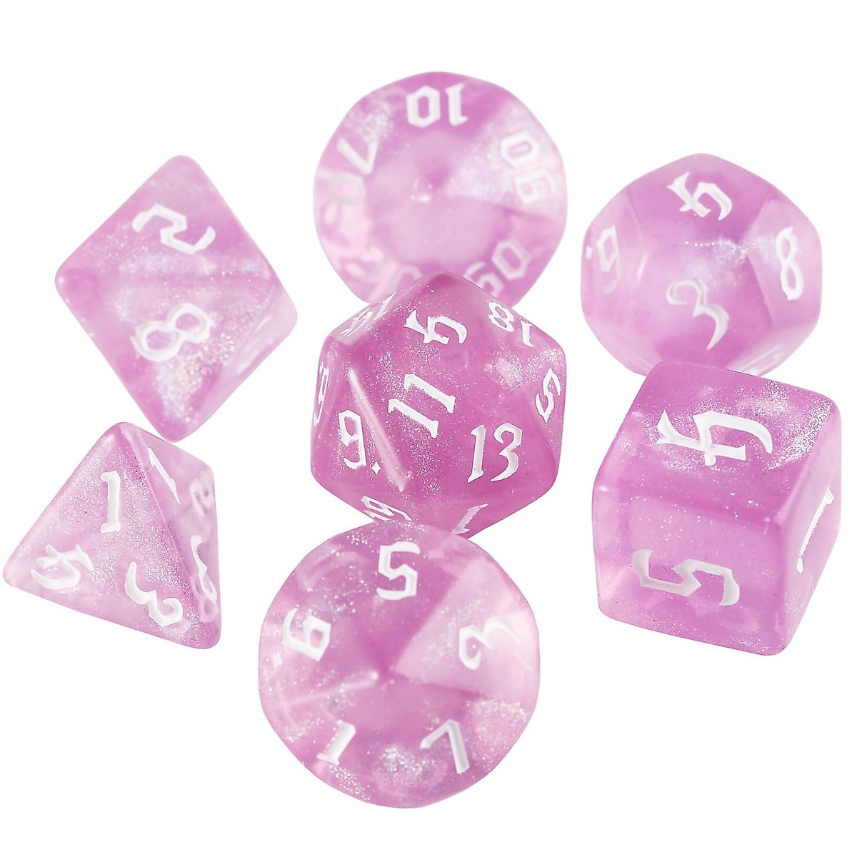 DND Dice Pink Transparent Dice with Color Changing Glitter for Dungeons and Dragons Role Playing Game,D&D,MTG,Pathfinder Dice Set with Dice Pouch(Sickle Handwriting)